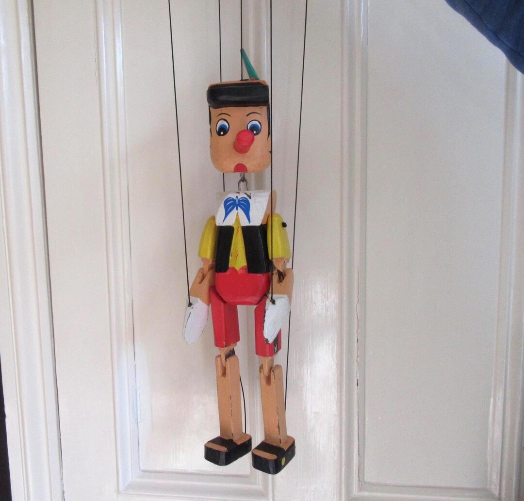 Vintage Marionette Pinocchio Large Hand Painted Wooden Ornament, String ...