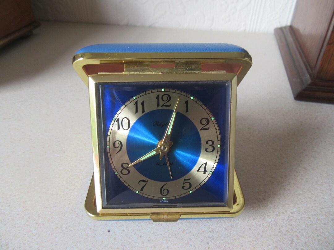 Vintage Rhythm Mechanical Travel Alarm Clock Made in Korea Blue Leather ...