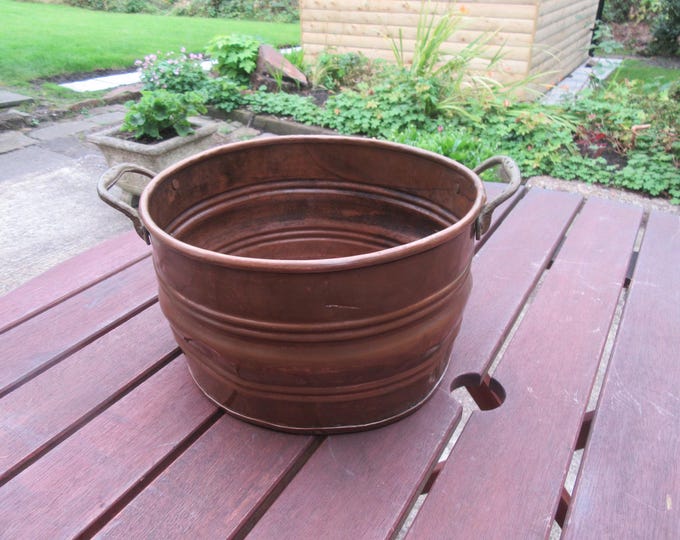 Antique Large Round Copper Planter, Plant Pot Holder Two Brass Handles ...