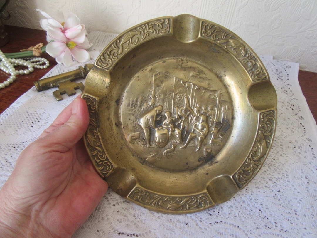 Large Vintage Brass Ashtray Ornate Relief Brass Cigar, Trinket Dish ...