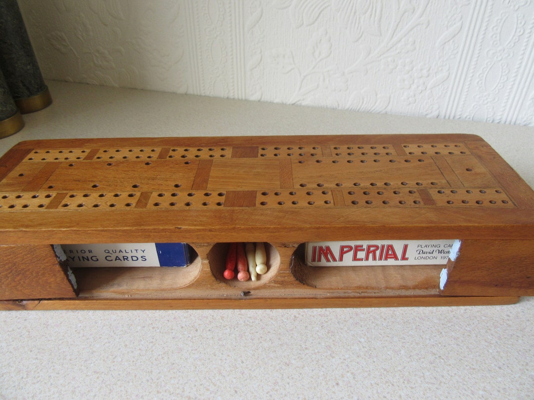Vintage Wooden Inlaid Parquetry Cribbage Board Box With 2 Packs of ...