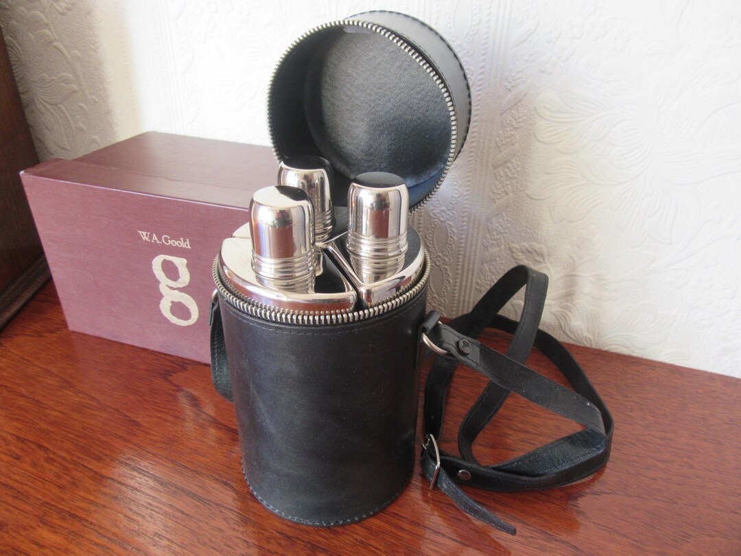 Vintage Travel Bar Glass Flask Set, Black Leather Carry Case With Strap ...