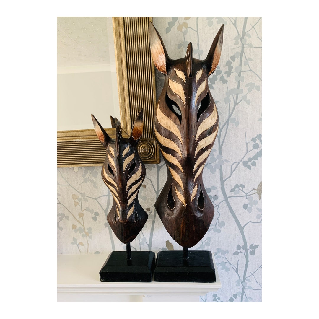 Carved Zebra Mask Natural on Plinth Wooden Hand Carved Art Fair Trade ...