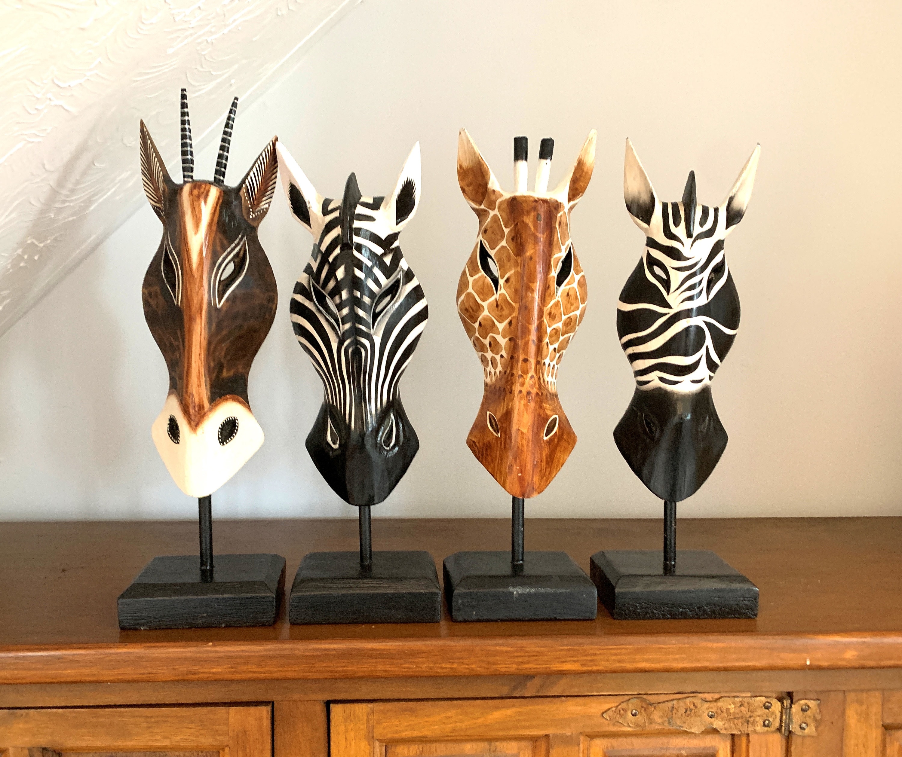 Wooden Animal Masks on Plinth Hand Carved Art Fair Trade Hand Painted ...