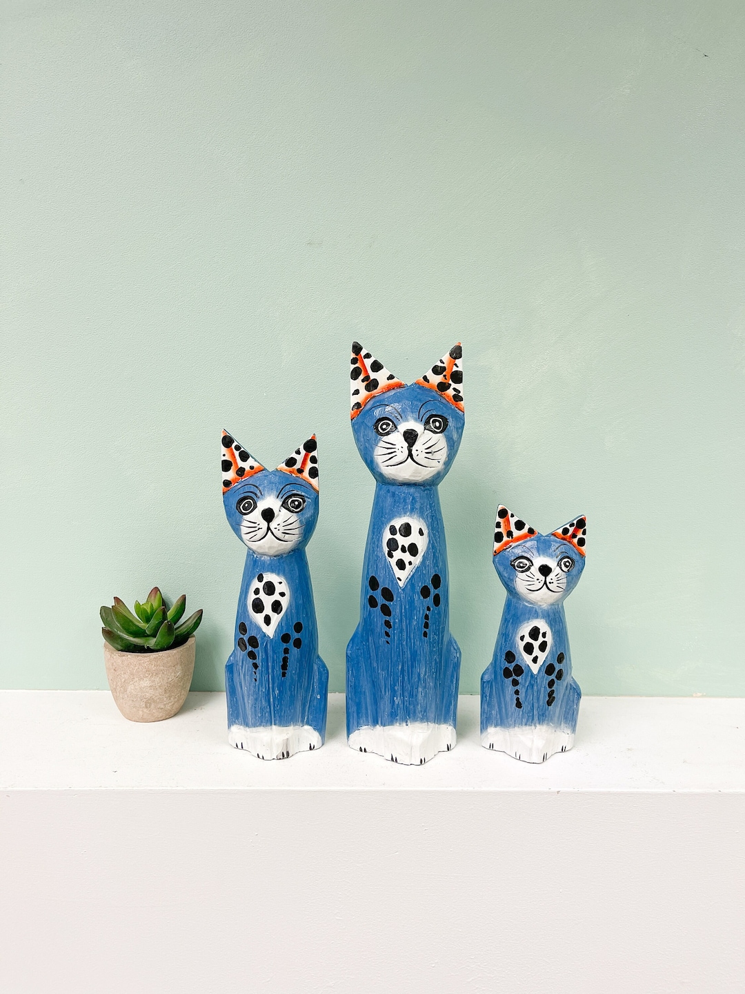 Blue Wooden Cat Ornaments - Set of Three Statue - Hand Carved and ...