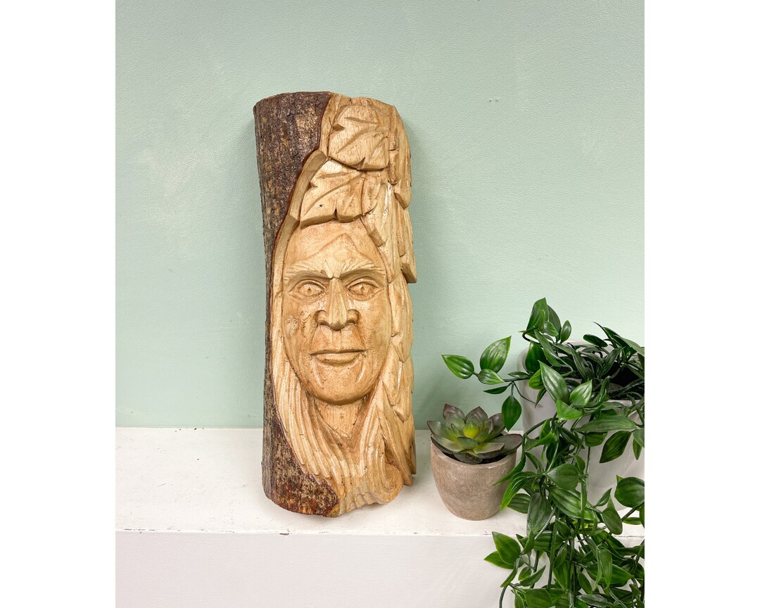 Leaf Man Log Carving Green Man Half Log Statue Wood Hand Carved Garden ...