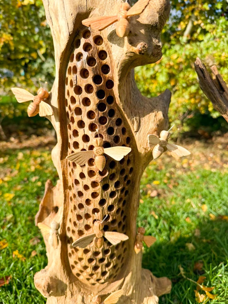 Extra Large Wooden Freestanding Bee Hotel With Eight Hand Carved ...
