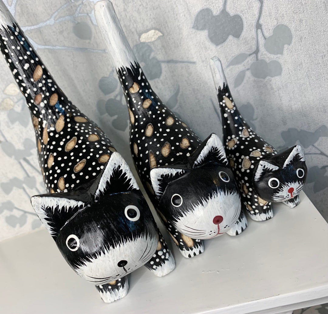 Fat Cat Statue - Black Wood - Hand Carved and Painted Animal Figurine ...