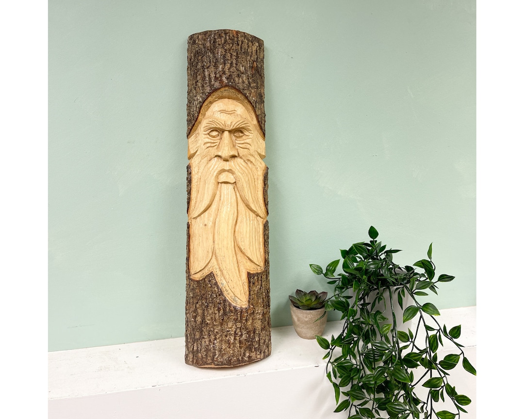 Green Man Log Carving Wooden Garden Hand Carved Fair Trade Statue ...