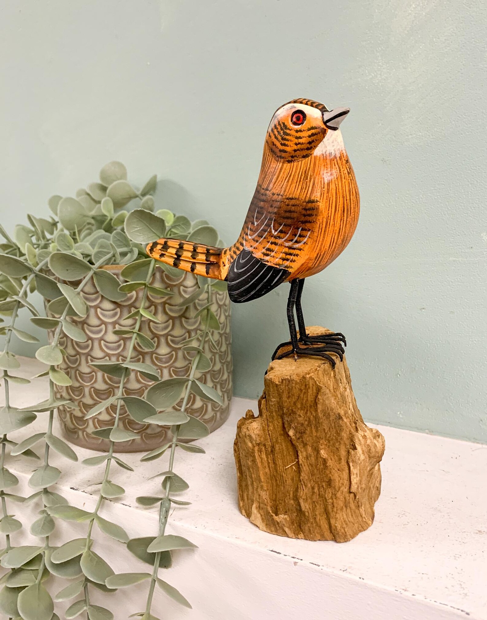 Wren Wooden Ornament Hand Carved Statue Carving Figure Garden Bird ...