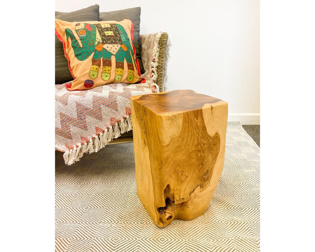 Teak Wood Square Stool Solid Wooden Block Side Table Stand Rustic Root ...