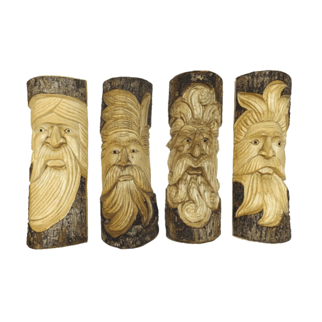 Green Man Leaf Assorted Log Statue - Wood Hand Carved Decorative Garden ...