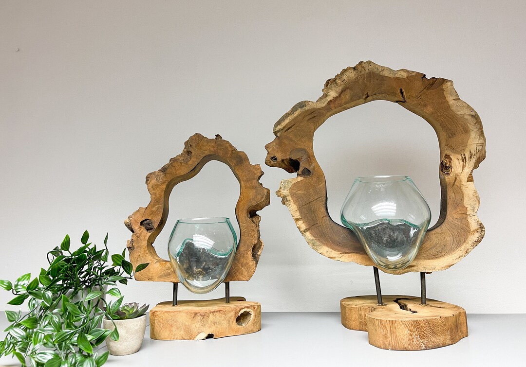 Melted Glass on Wooden Frame - Teak Rustic Root Recycled Glass Bowl ...