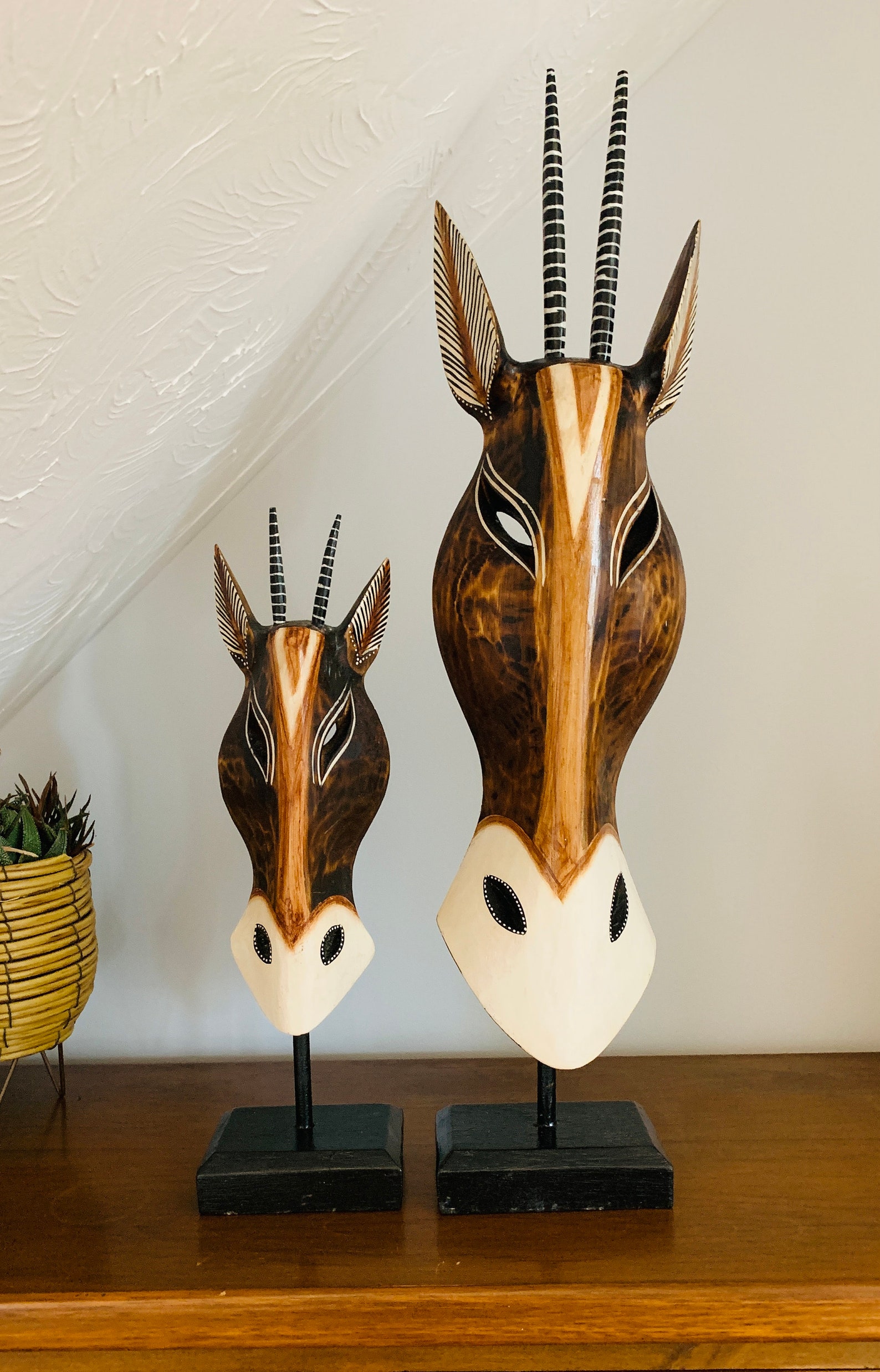 Wooden Animal Masks on Plinth Hand Carved Art Fair Trade Hand Painted ...