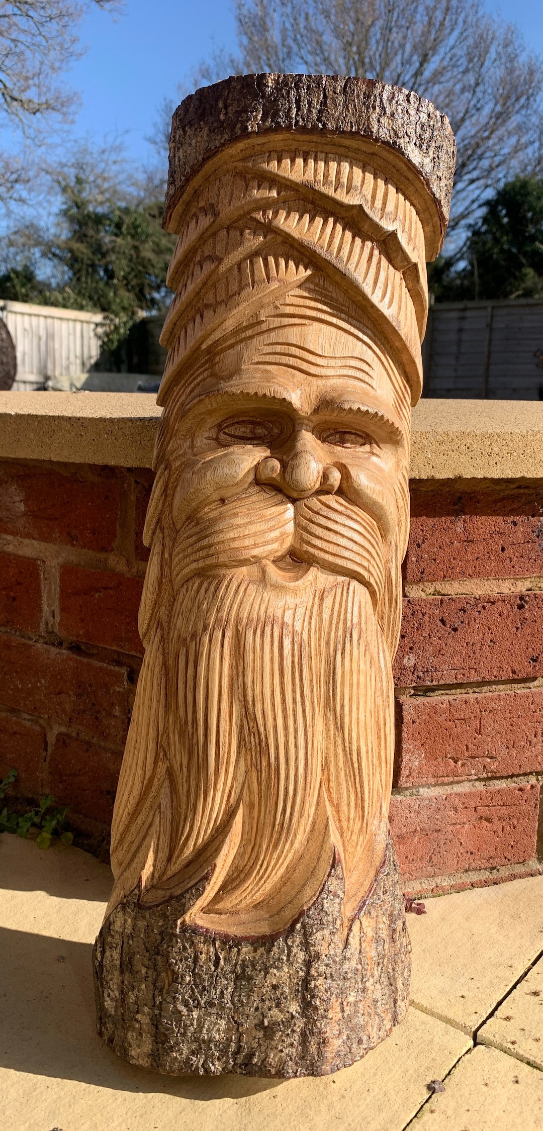 Green Man Log Carving Half Log Statue Wood Hand Carved Decorative ...