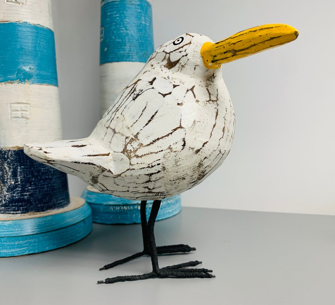 Standing Fat Seagull Bird Statue - White Wash Wood Bool Bird Hand ...