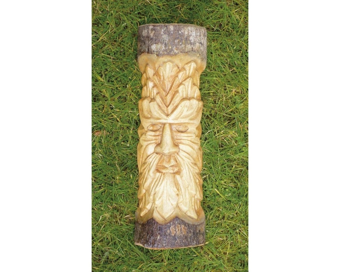 Green Man Log Carving Leaf Man Half Log Statue Wood Hand Carved Garden ...