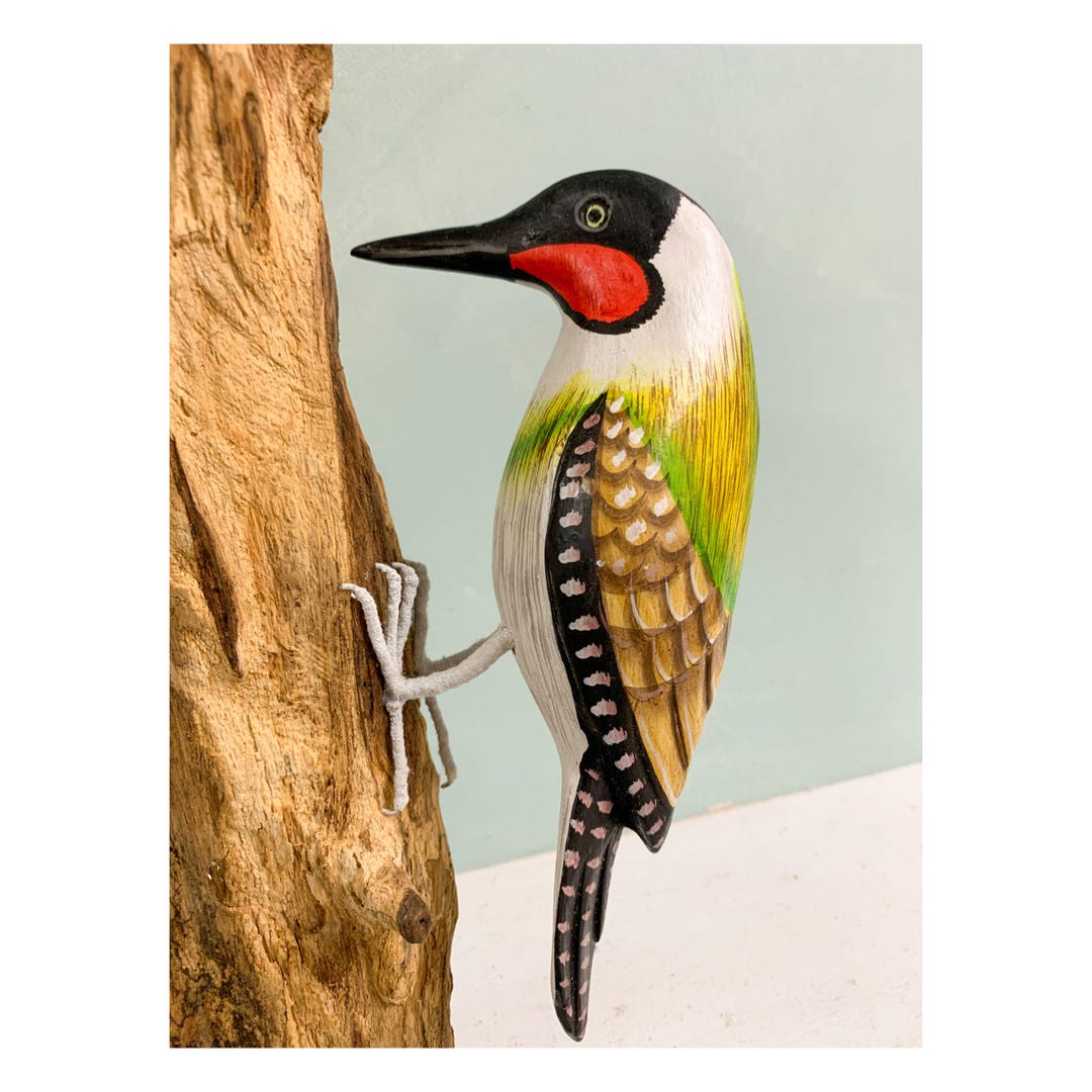 Green Woodpecker Wooden Ornament Hand Carved Statue Carving Figure ...