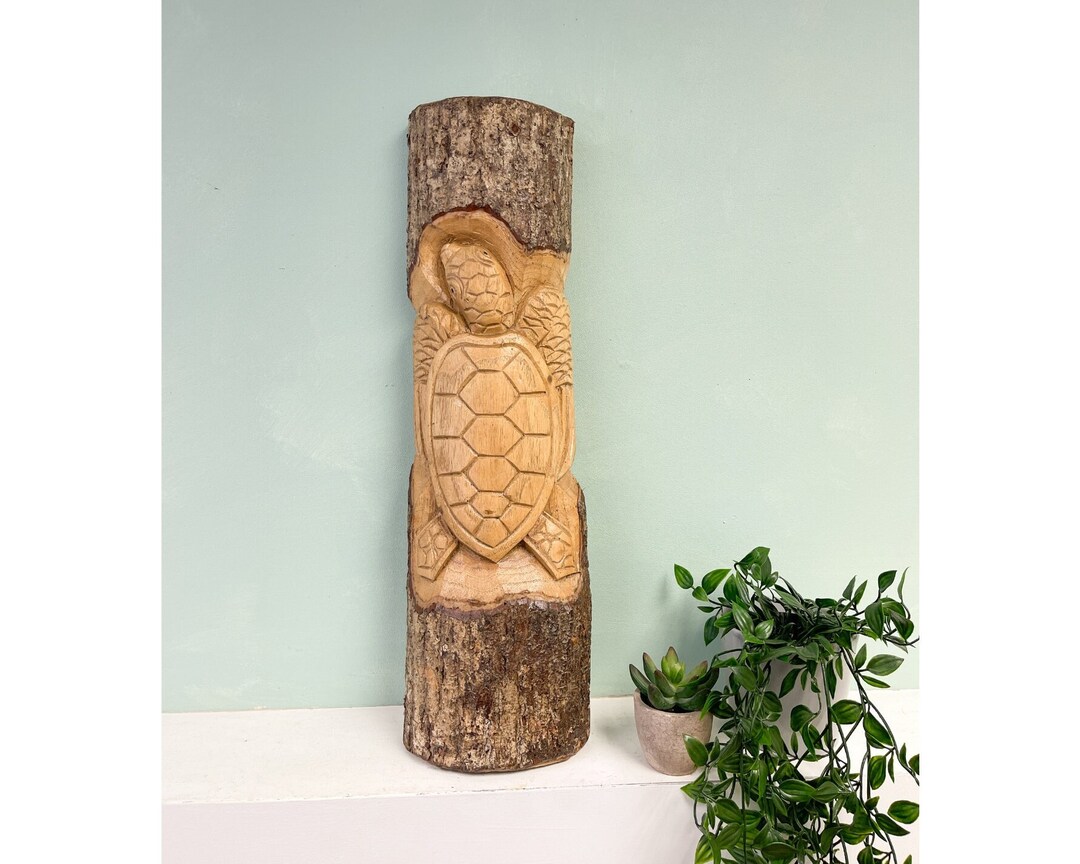Turtle Log Carving Wooden Garden Hand Carved Fair Trade Statue Ornament ...