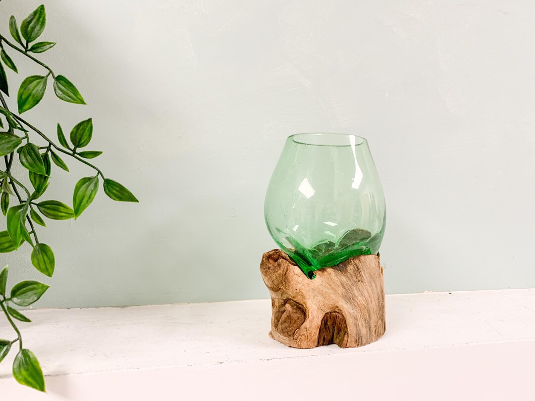 Melted Green Glass Bowl on Wood Green Fair Trade Handmade Ornament ...