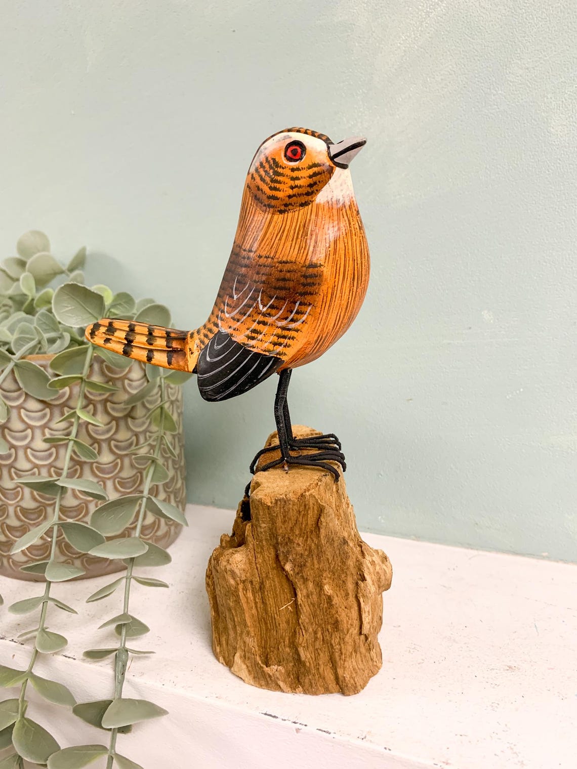 Wren Wooden Ornament Hand Carved Statue Carving Figure Garden Bird ...