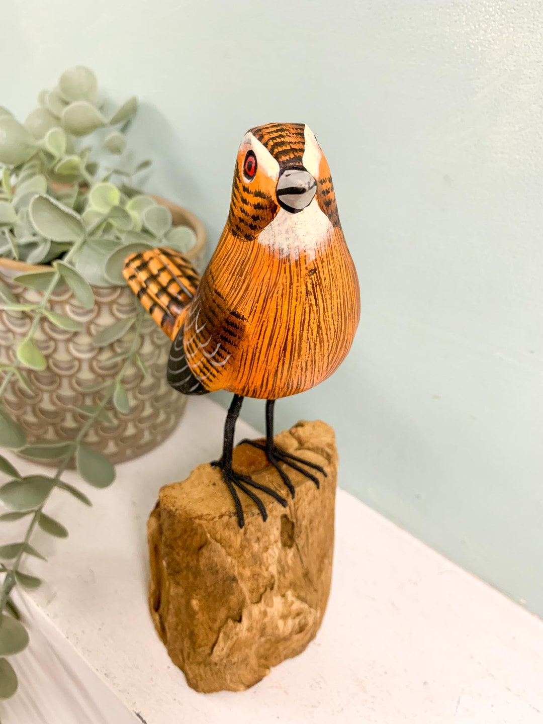 Wren Wooden Ornament Hand Carved Statue Carving Figure Garden Bird ...