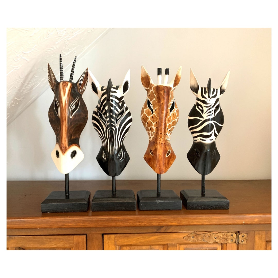 Wooden Animal Masks on Plinth Hand Carved Art Fair Trade Hand Painted ...
