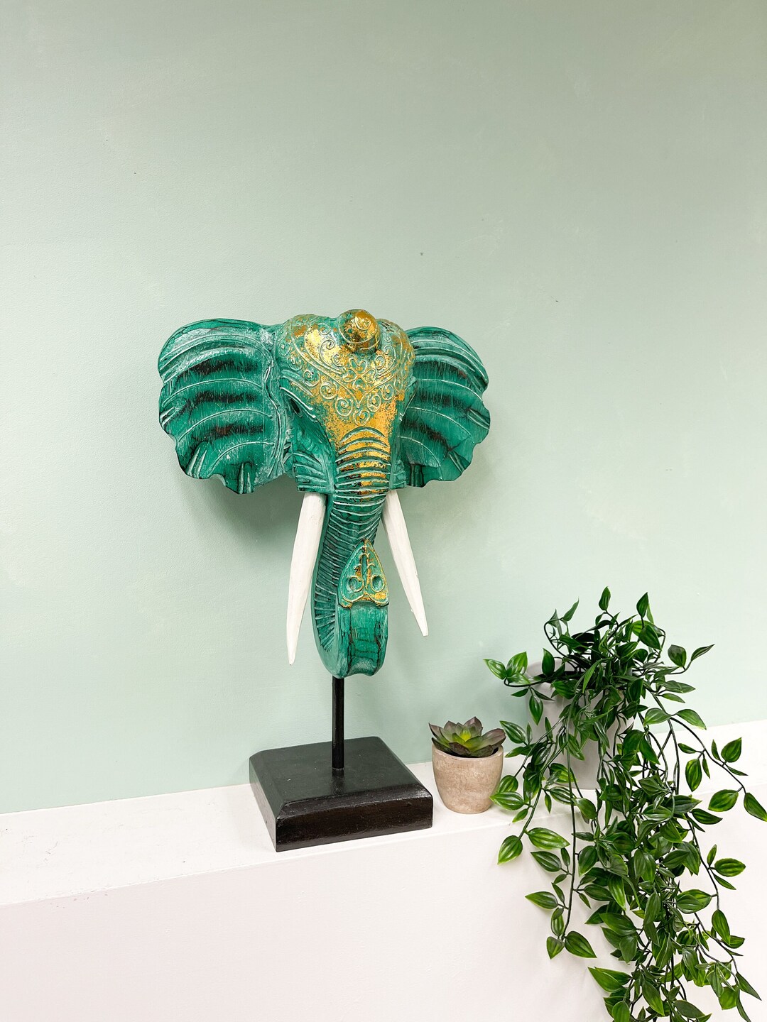 Green and Gold Elephant Mask on Plinth Wooden Hand Carved Art Fair ...