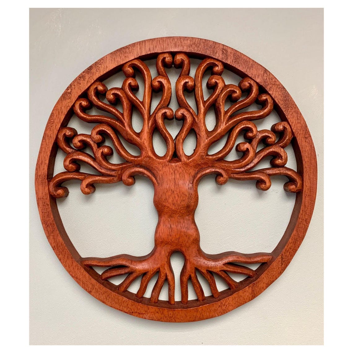 Tree of Life Wood Carving Plaque Wall Art Wooden Carved Circle Home ...