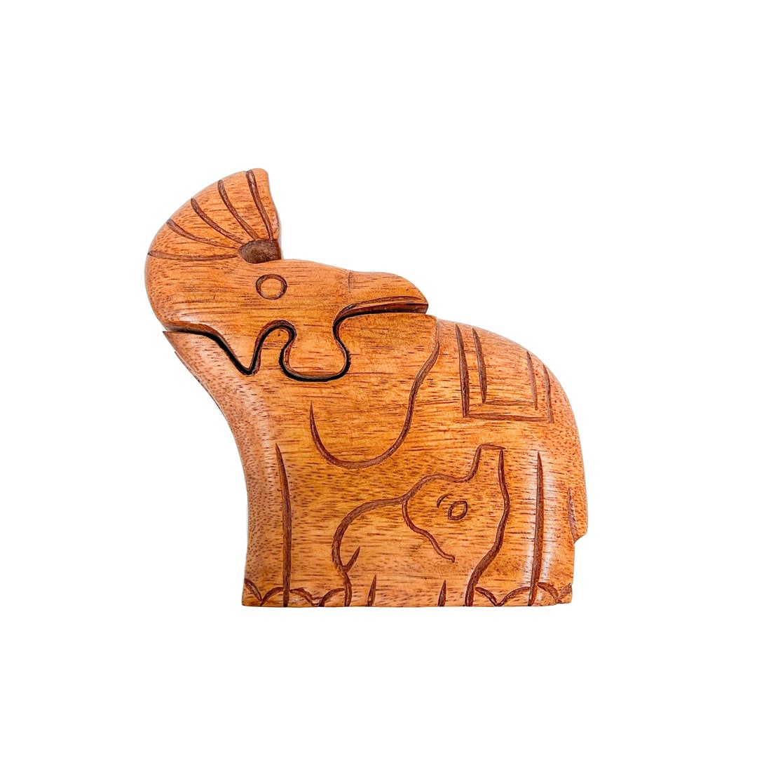 Elephant Puzzle Trinket Box in Brown Wood Hand Carved Girls Jewellery ...