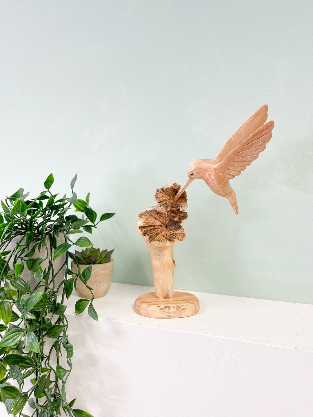 Wooden Hummingbird on Parasite Wood Branch Statue Handmade Wooden ...