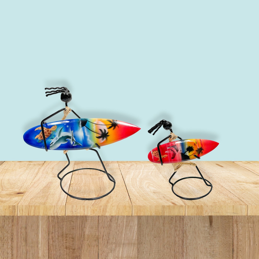 Metal Man Holding Wooden Hand Painted Surfboard Airbrushed Tropical ...