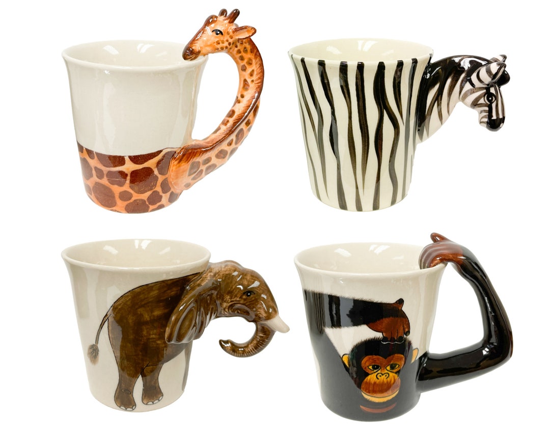 Animal Ceramic Mugs Giraffe Zebra Monkey Elephant 3D Animal Head Handle ...