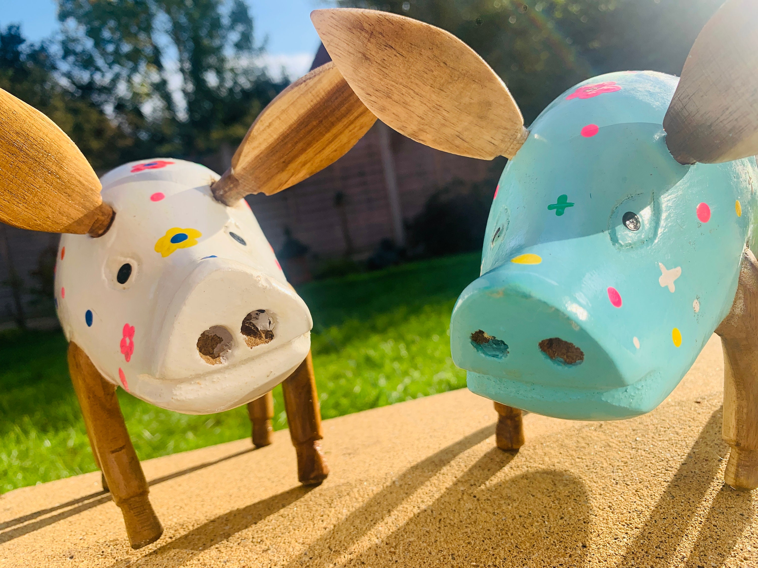 Wooden Coloured Pigs Hand Painted Pig Statues Bamboo Root - Etsy