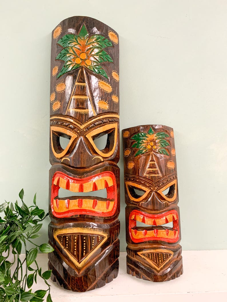 Hawaiian Tiki Mask Wall Hanging - Hand Carved Albesia Wood Decoration ...