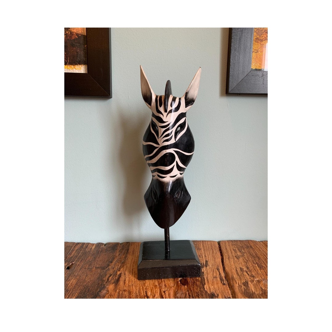 Wild Zebra Mask Natural on Plinth Wooden Hand Carved Art Fair Trade ...