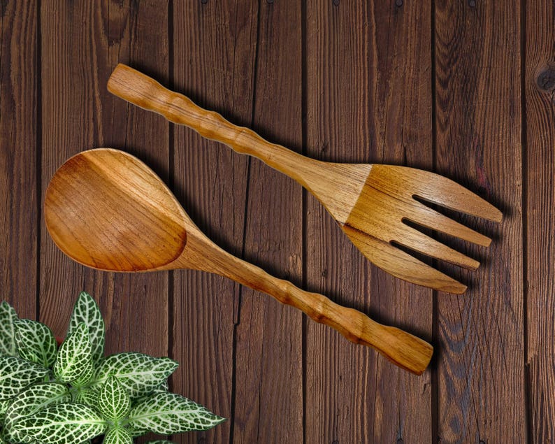 Teak Wood Serving Spoon and Fork Set Kitchen Utensils Salad Server Wooden Handmade Carved Home ...