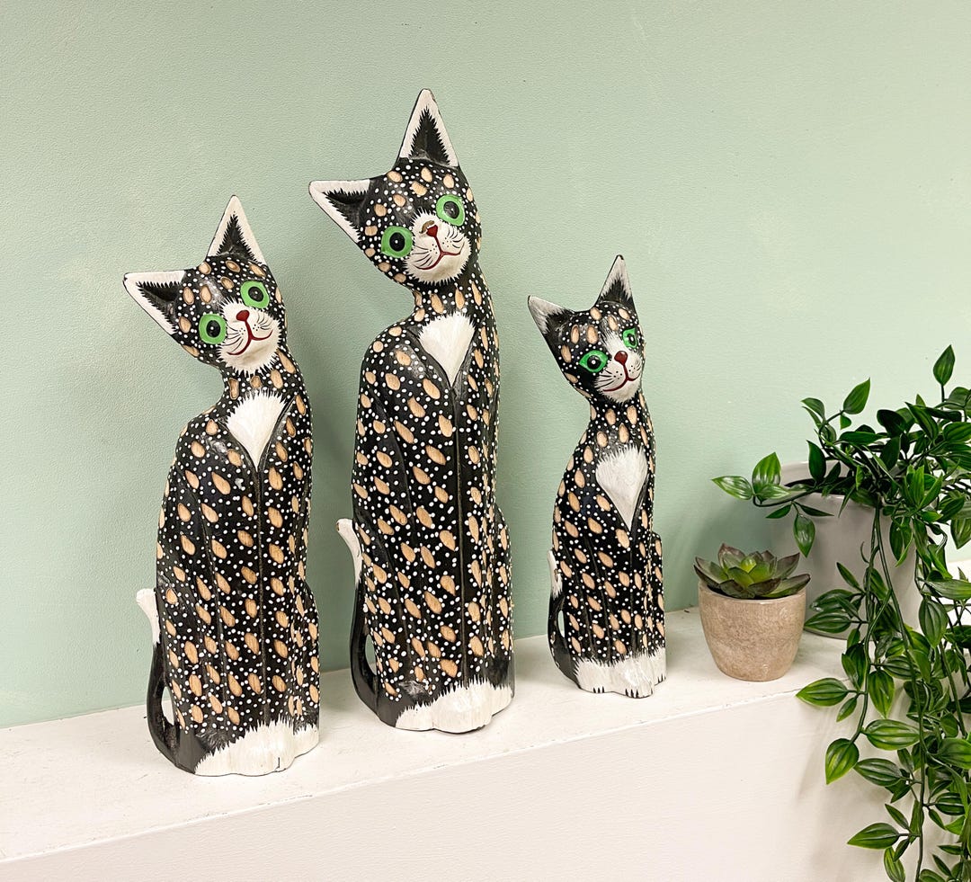 Single Wooden Black Cat Statue Hand Carved and Painted Animal Figurine ...
