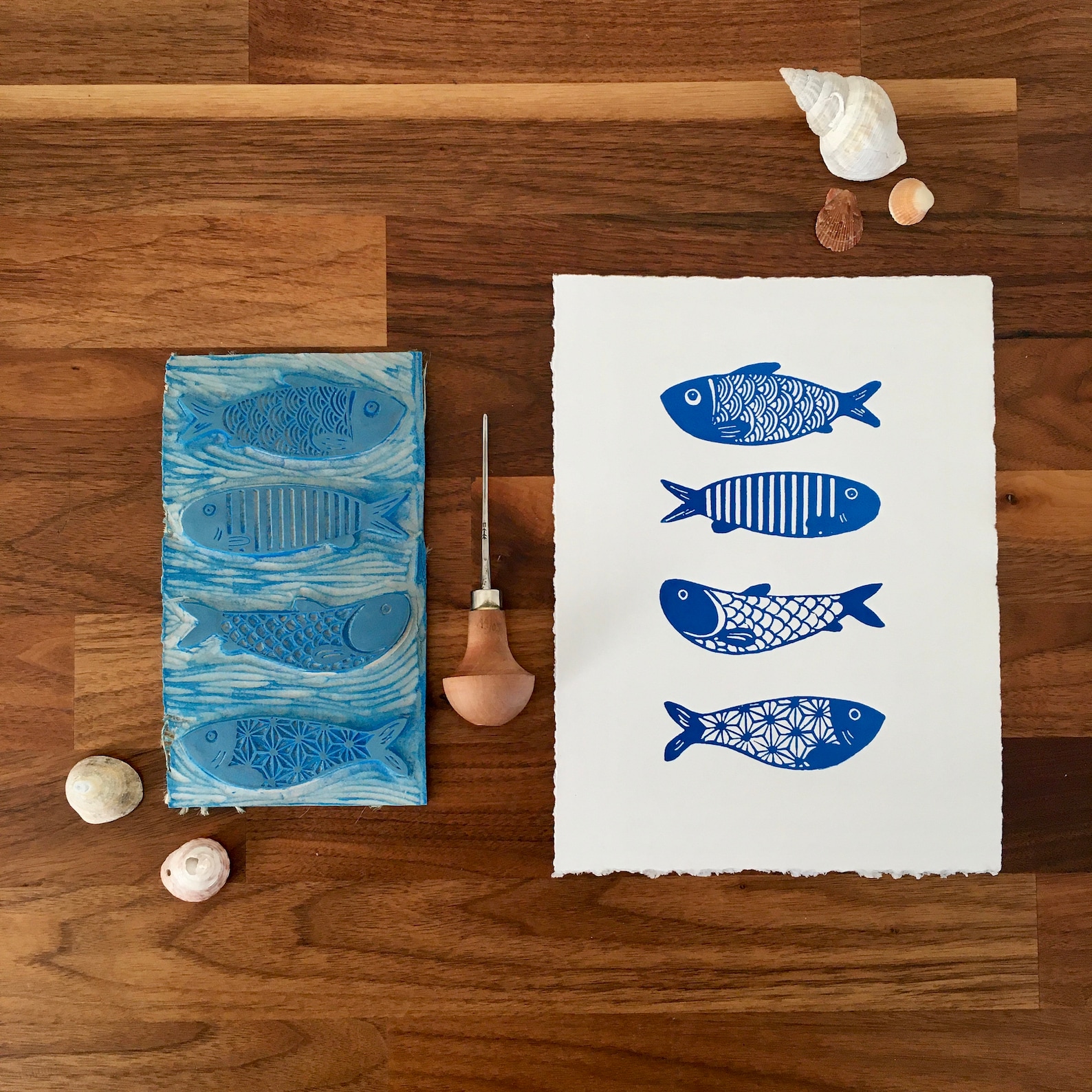 Blue fish linocut 18 x 24 cm original print fish | Etsy