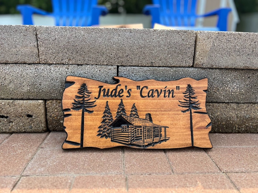 Outdoor Signs, Wooden Carved Cabin Sign, Pine Trees, Custom Wood Sign ...
