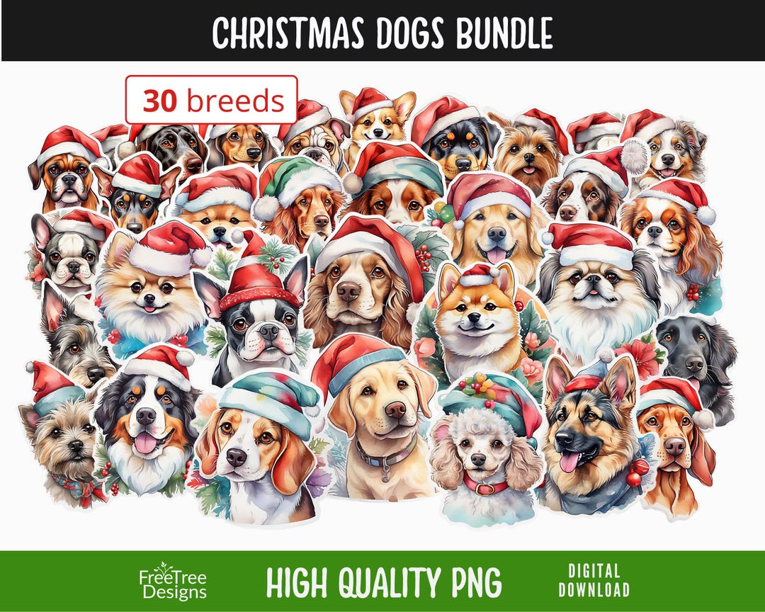Christmas Dogs PNG Watercolor Bundle, Xmas Clipart, Cozy Holiday ...