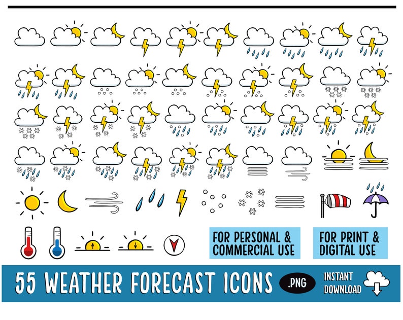 Weather Pictogram Clipart: Sun, Rain, Wind Icons (PNG Digital Download ...