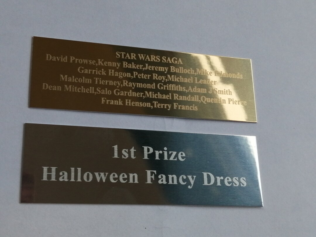 80x25mm Engraved Trophy Plaque Self Adhesive Name Plate Gold or Silver ...