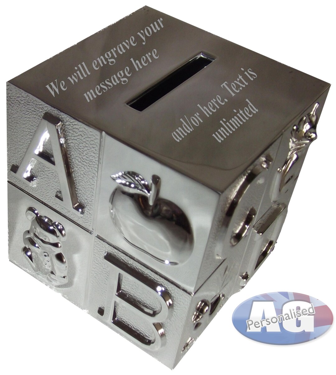 ABC Money Box, Silver Plated, FREE Engraving, Boy/girl Christening ...