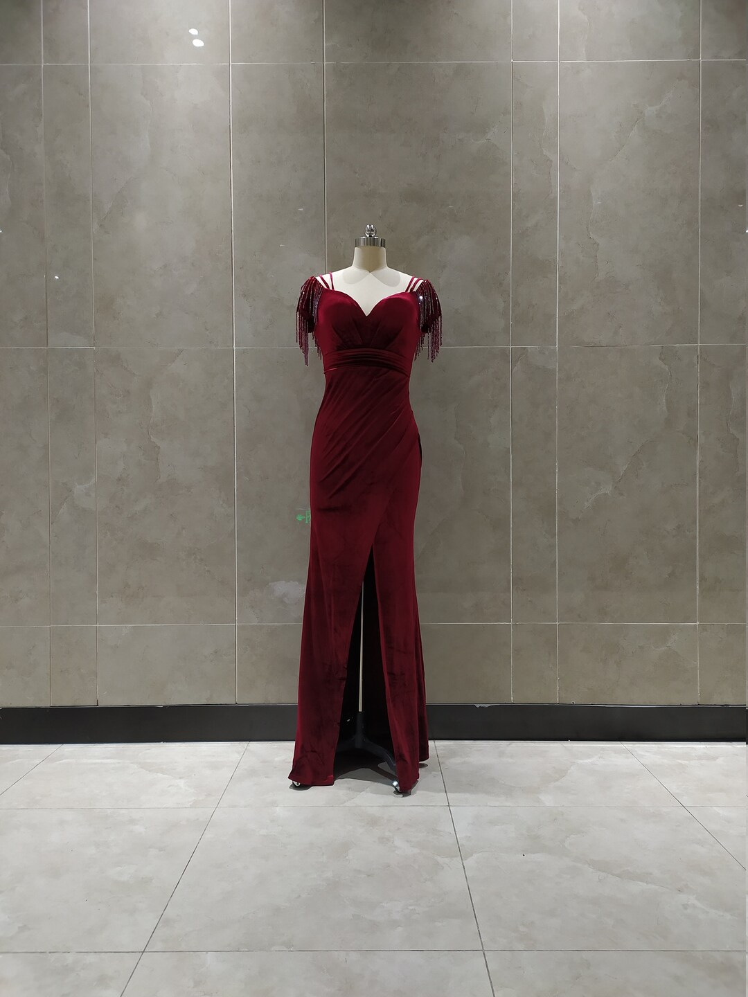 Mermaid Prom Evening Dress Long Sweetheart Beads Sleeves Velvet Floor ...