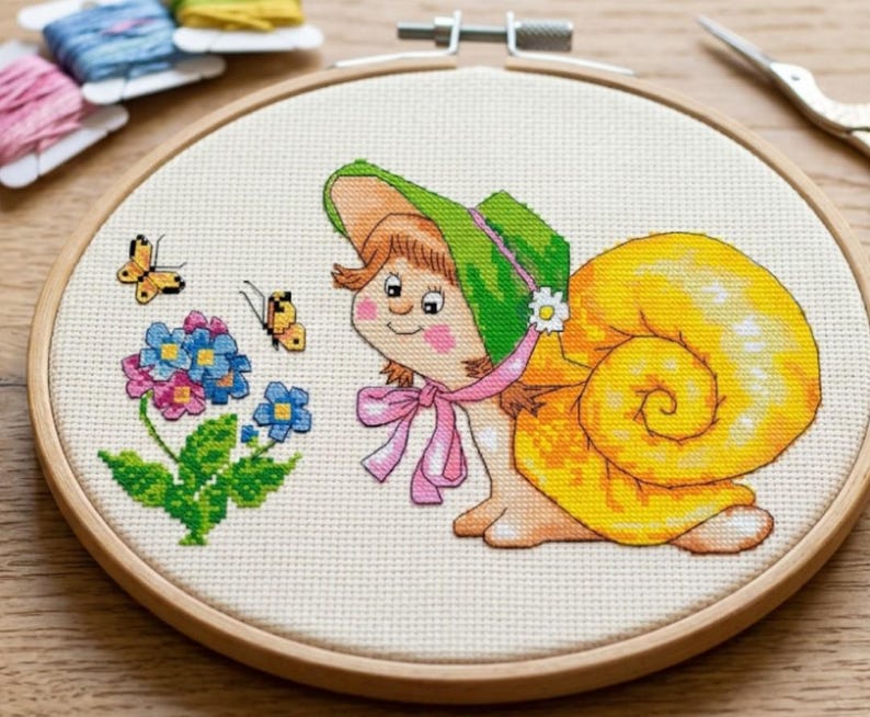 Funny Snail in a Hat -kawaii Animal Needlepoint Art, Cross Stitch ...