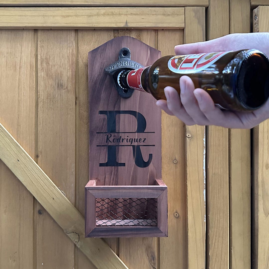 Personalized Wall Mounted Beer Opener: Rustic Wood Cap Catcher - Etsy