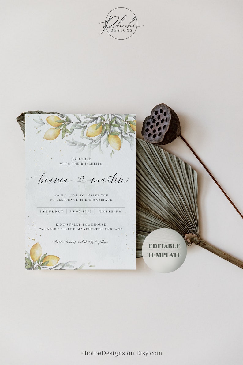 Lemon Wedding Invitation Template Olive Wedding Invitation | Etsy