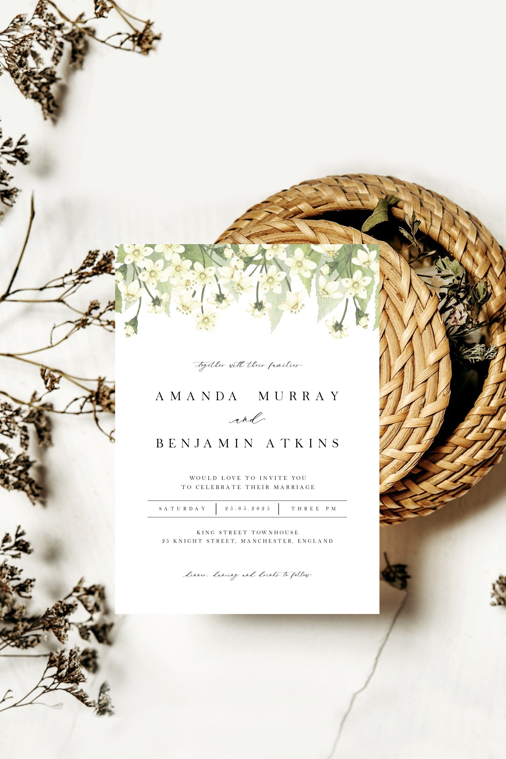 Elder Flower Wedding Invitation Template, Printable Watercolor Green ...