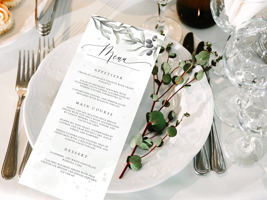 Olive Printable Personalised Wedding Menu Card Template, Watercolor ...